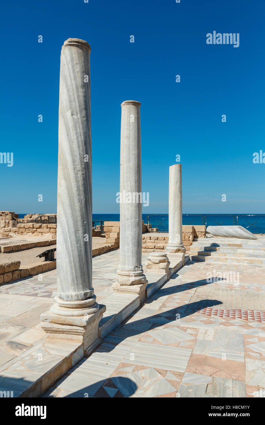 Ruins of ancient Byzantine architecture with columns, tile and mosaics ...