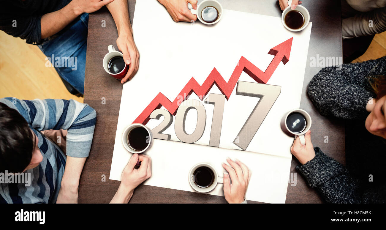 Composite image of people sitting around table drinking coffee Stock ...