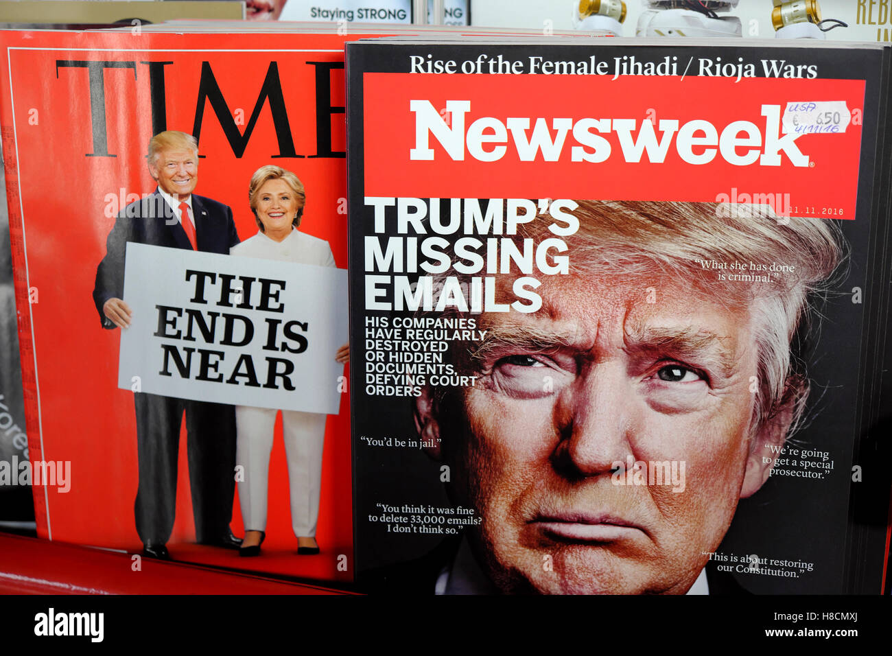 Time and Newsweek magazines front covers at newsagent Donald Trump ...