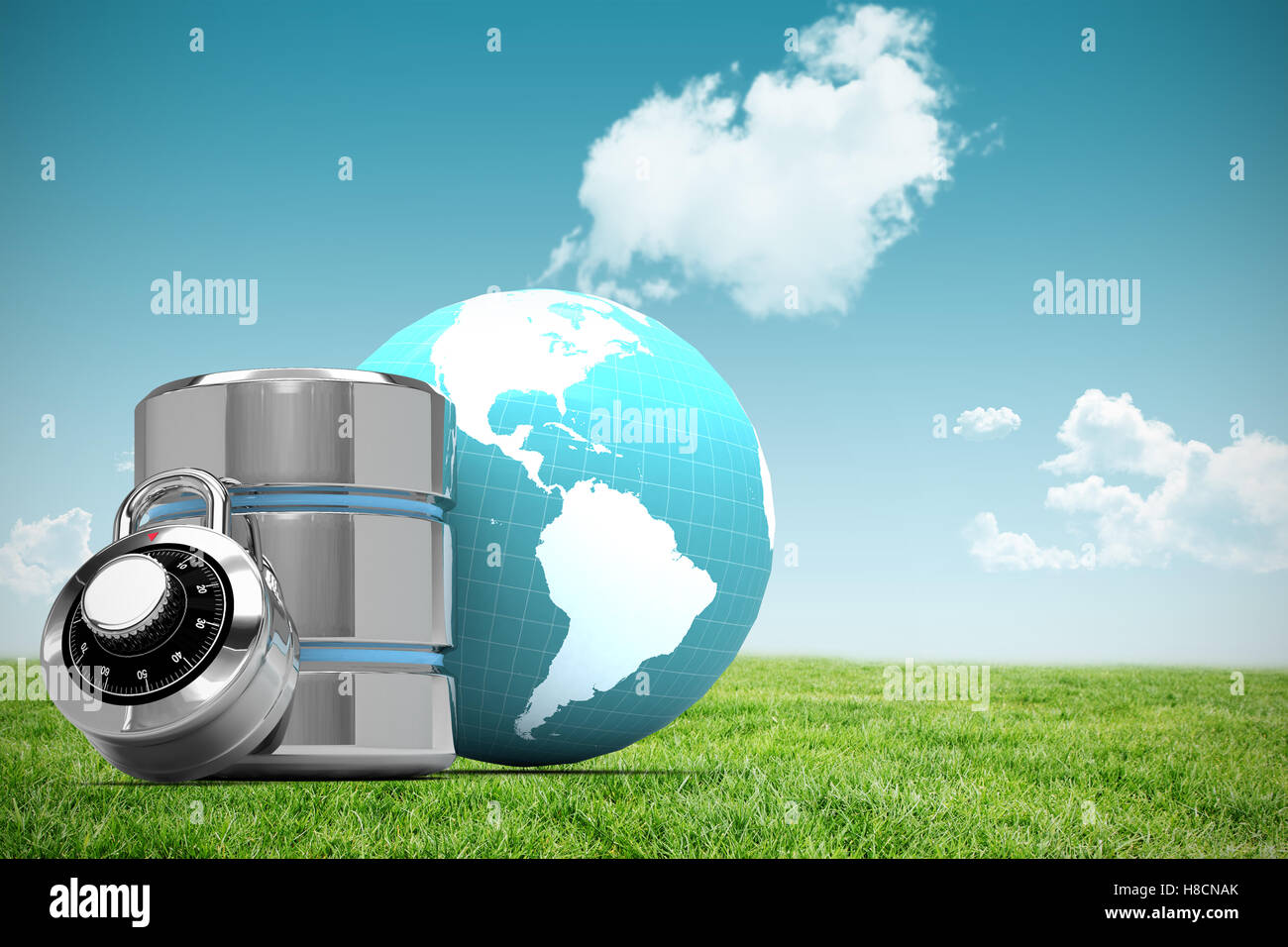 Composite image of database server icon with combination lock and earth ...