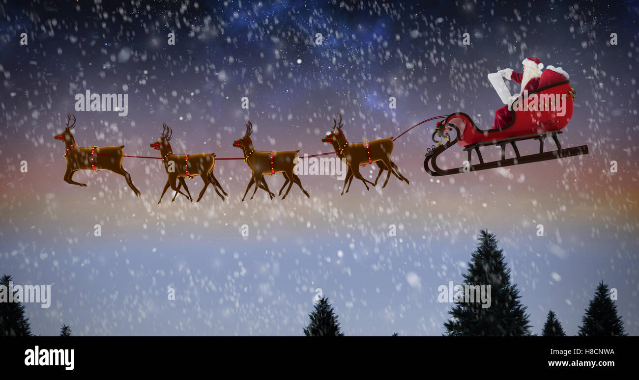 Composite image of side view of santa claus riding on sleigh during ...