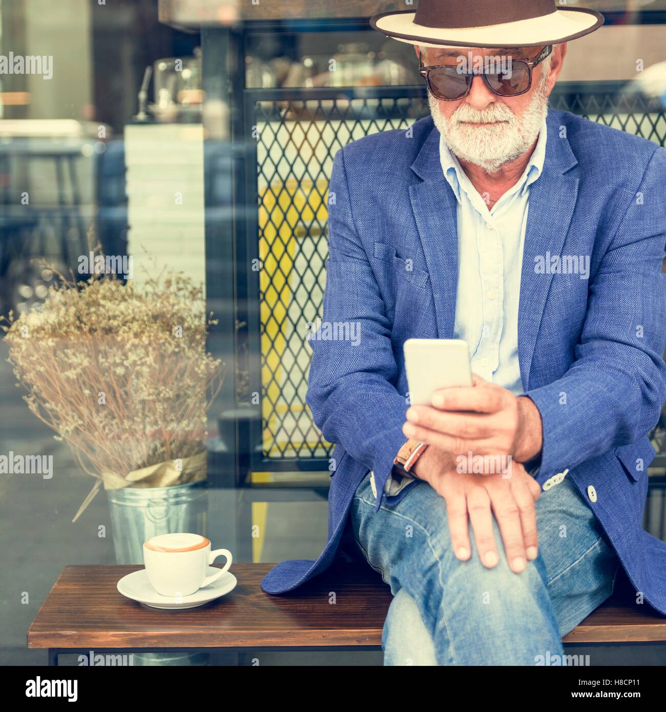 Senior Man Coffee Shop Communication Connection Technology Concept ...