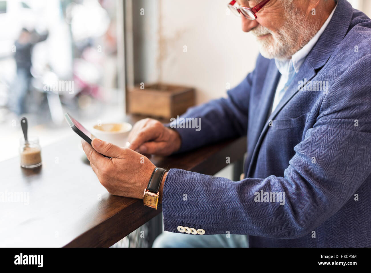 Senior Man Coffee Shop Communication Connection Technology Concept ...