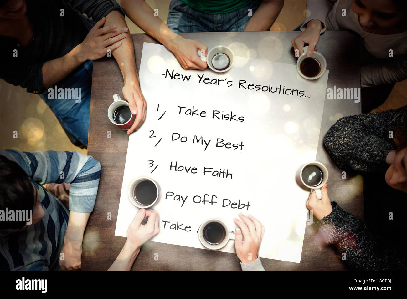 Composite image of people sitting around table drinking coffee Stock ...