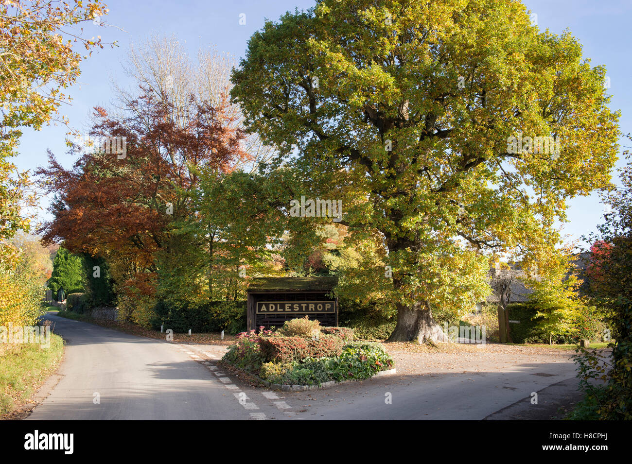 Adlestrop sign and bus shelter in autumn. Adlestrop. Cotswolds ...