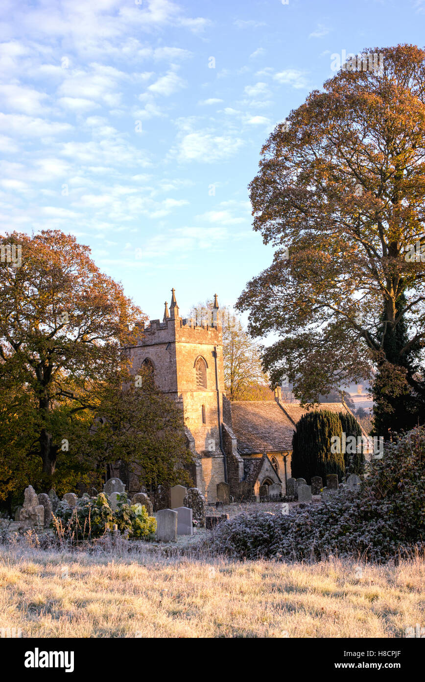 St Peter Church in Upper Slaughter on a frosty autumn morning at ...