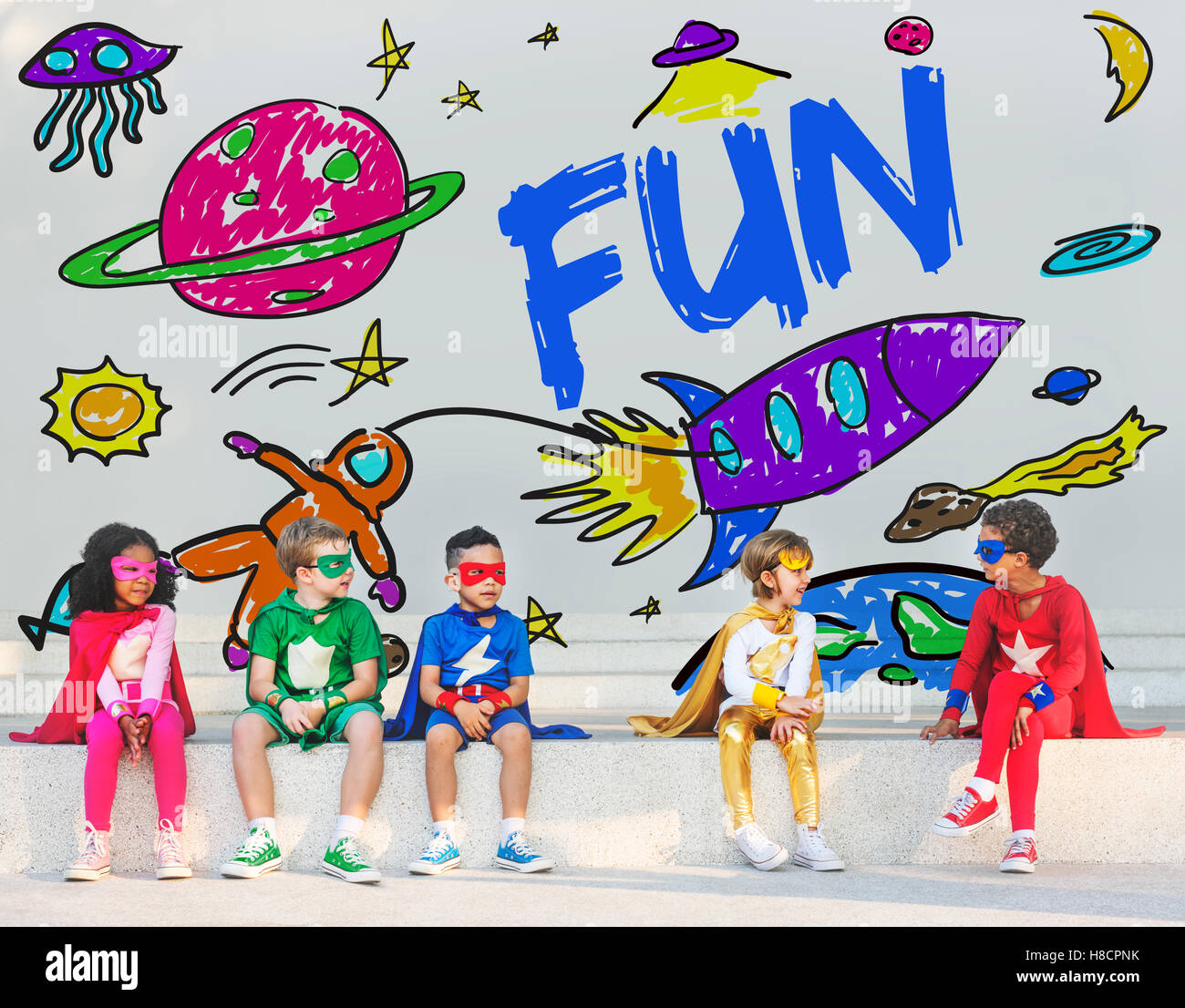 Kids Imagination Space Rocket Joyful Graphic Concept Stock Photo - Alamy
