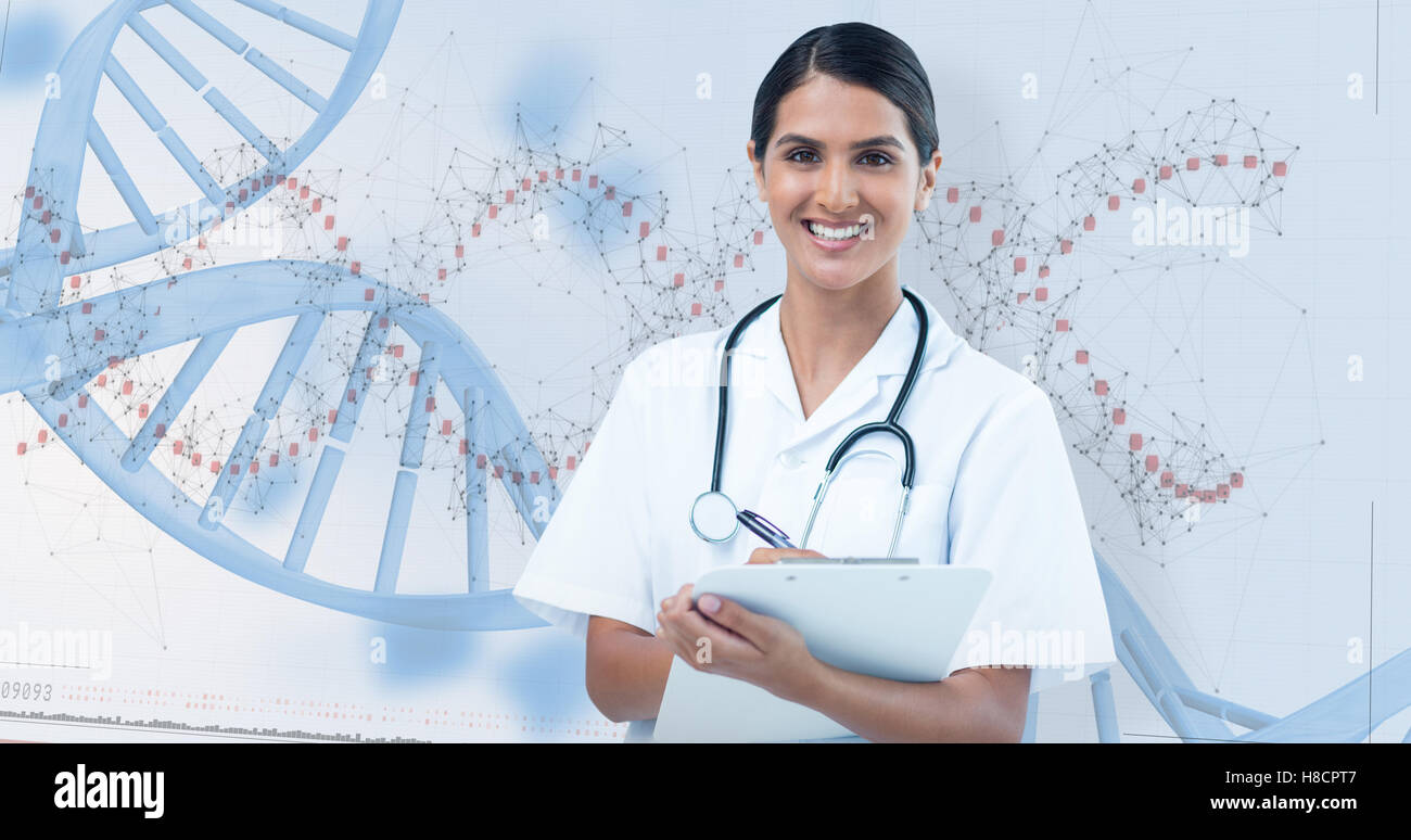 Composite image of happy female doctor writing on clipboard Stock Photo ...