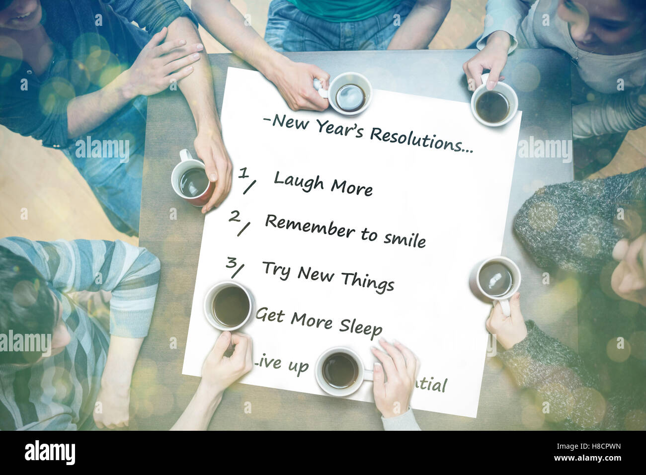 Composite image of people sitting around table drinking coffee Stock ...