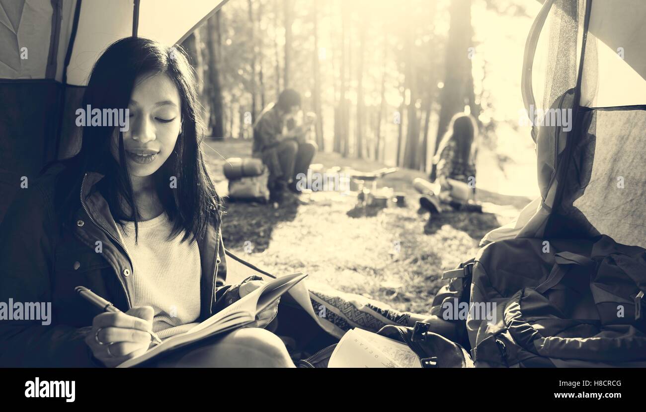 Woman Reading Traveling Destination Camping Concept Stock Photo - Alamy