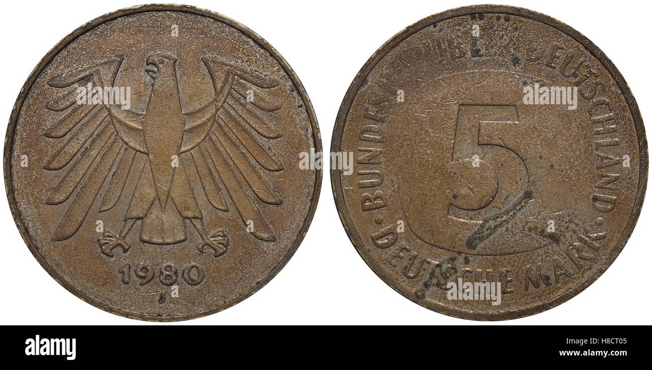 Five German Mark coin formerly used in Germany Stock Photo - Alamy