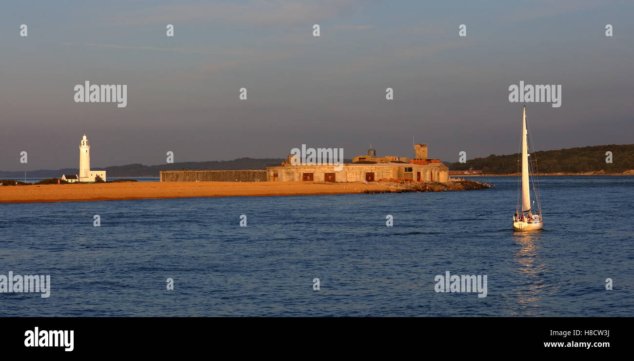Mariner's view of Hurst spit Castle and Lighthouse in low evening ...