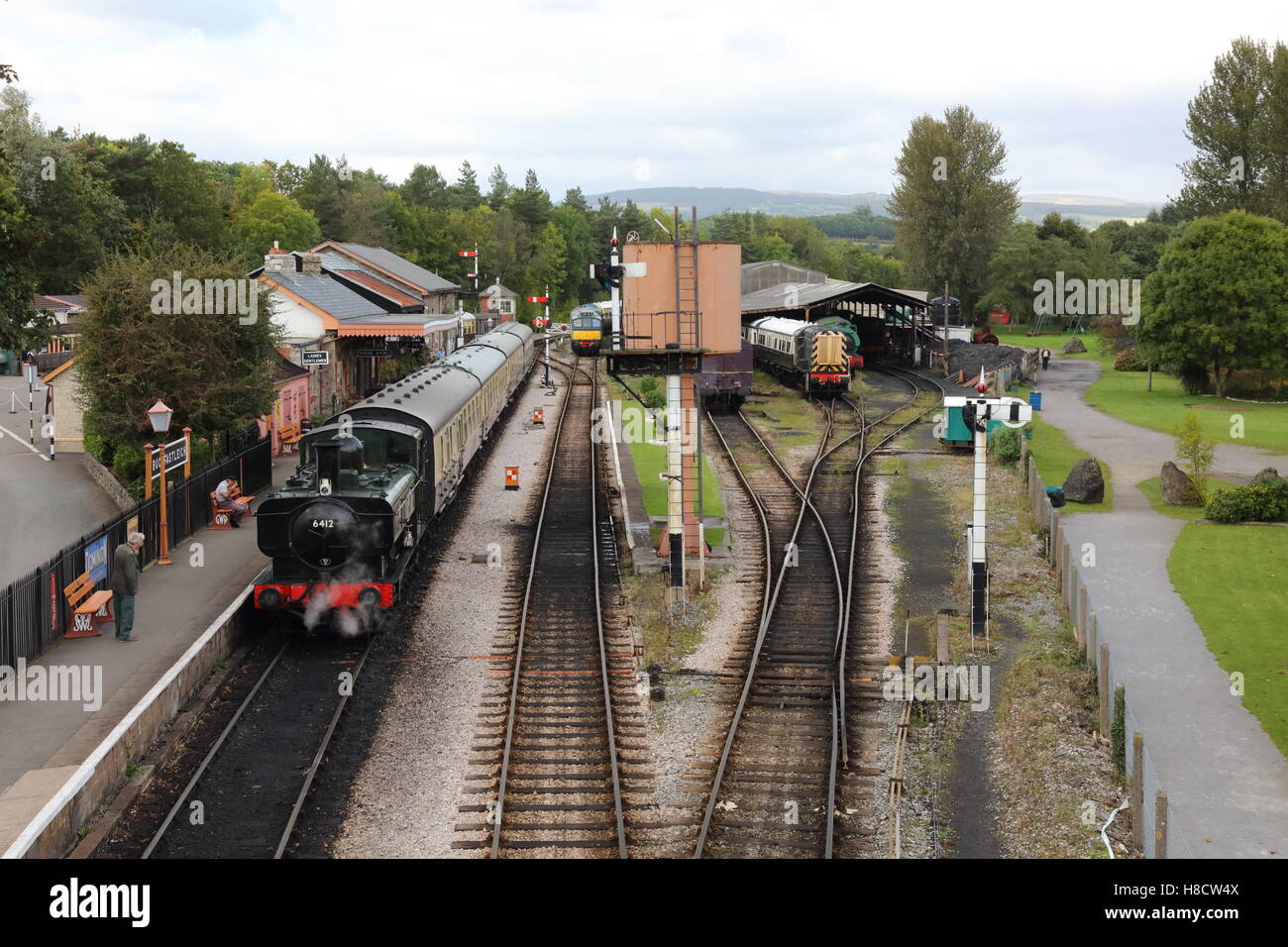 GWR Pannier Tanker 6412 with steam up awaits departure signal from ...