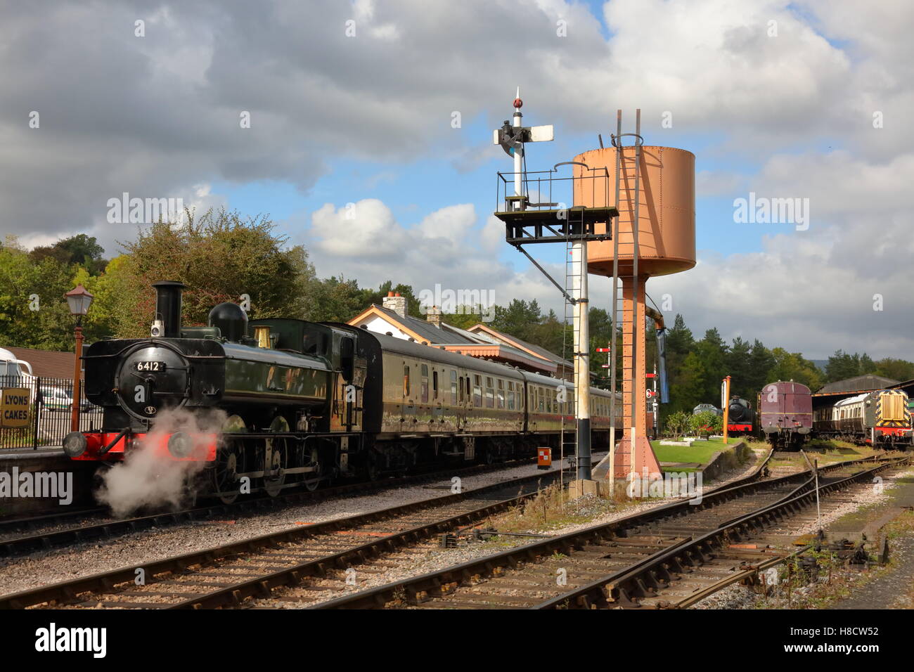 GWR Pannier Tanker 6412 with steam up awaits departure signal from ...