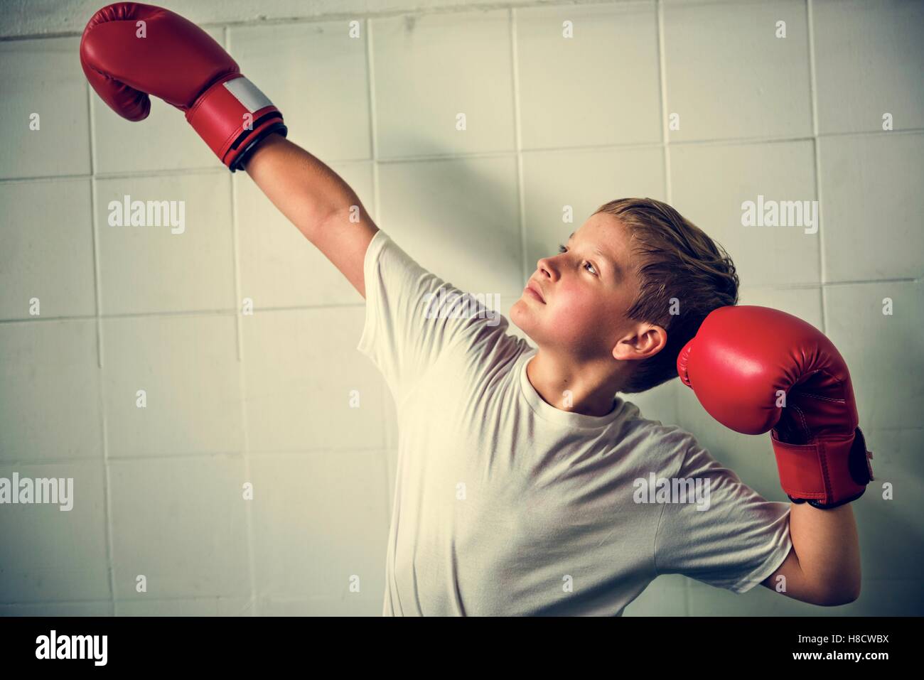 Boy Boxing Victory Confidence Posing Winning Concept Stock Photo - Alamy