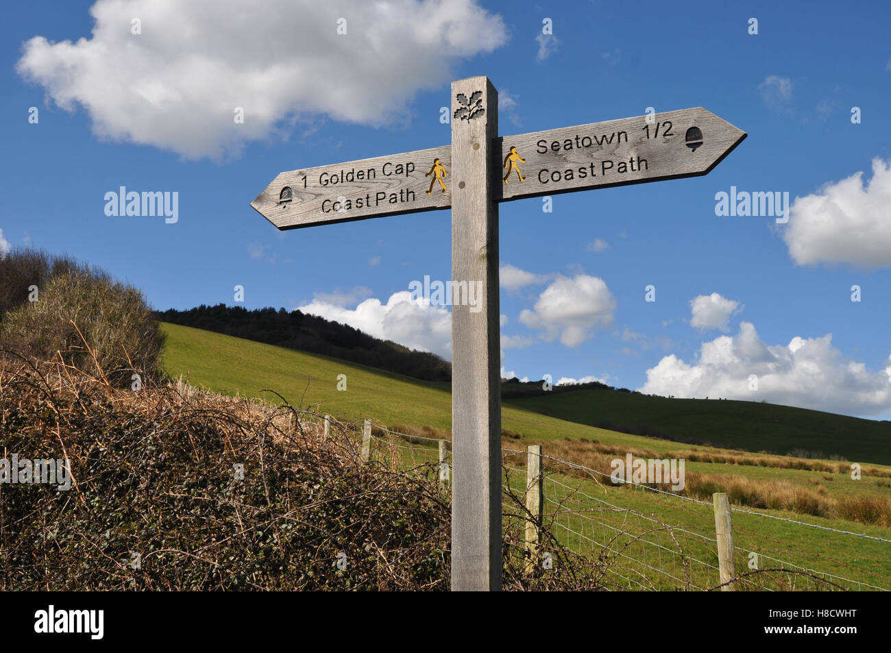 Traditional wooden fingerpost sign on the Jurassic Coast of Dorset for ...