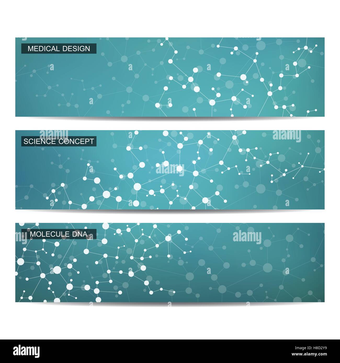 Set of modern science banners. Molecule structure of DNA and neurons ...