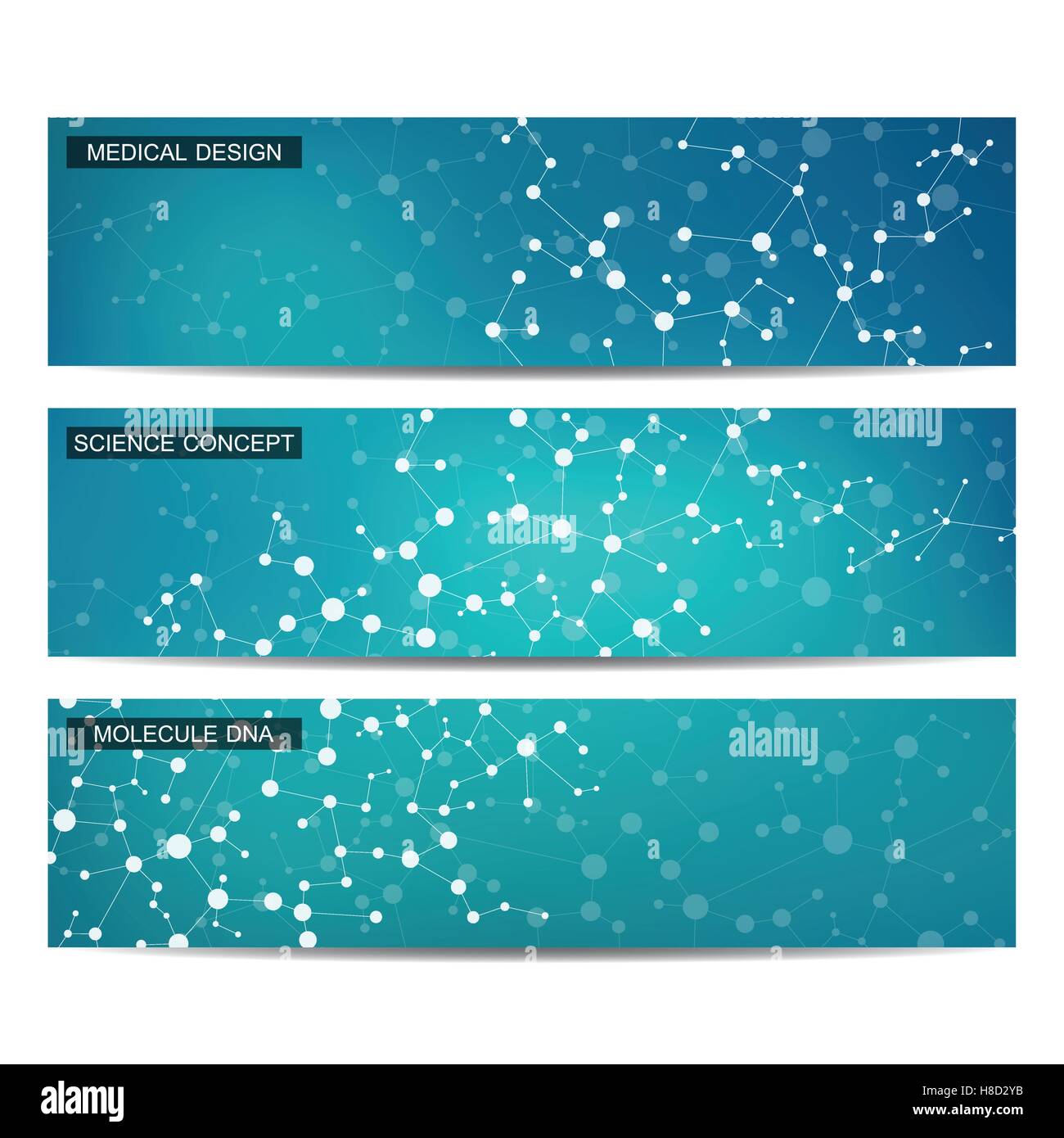 Set of modern science banners. Molecule structure of DNA and neurons ...