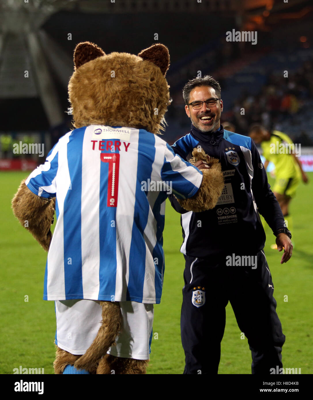 Huddersfield Town manager David Wagner celebrates with mascot Terry the ...