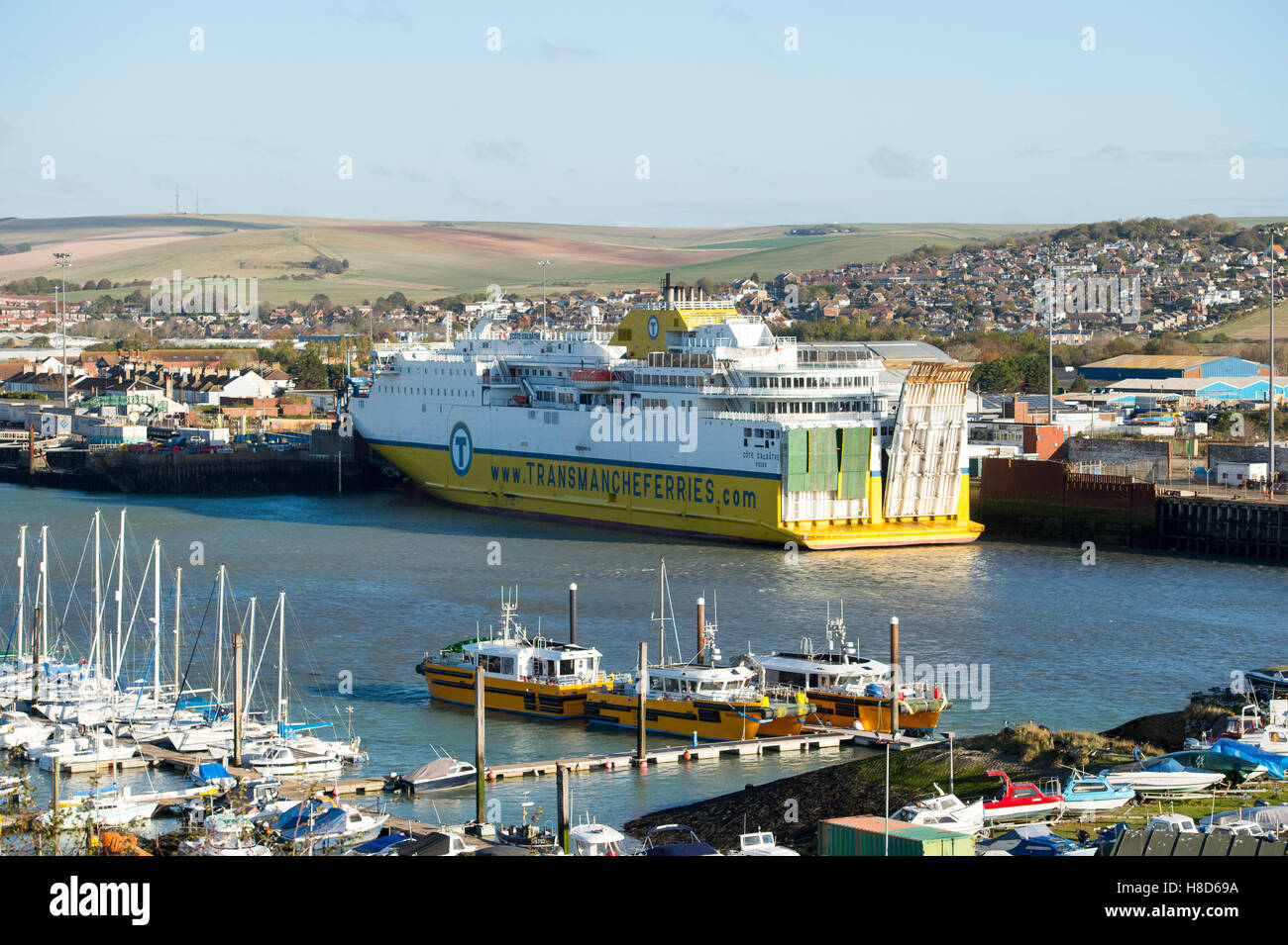 Transmanche Ferry Cote d'Albatre leaves Newhaven harbour East Sussex UK ...