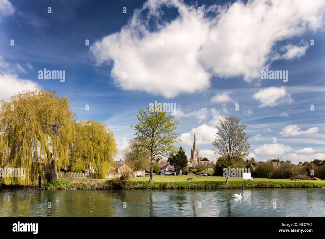 View across the river Thames towards Lechlade and the parish church of ...