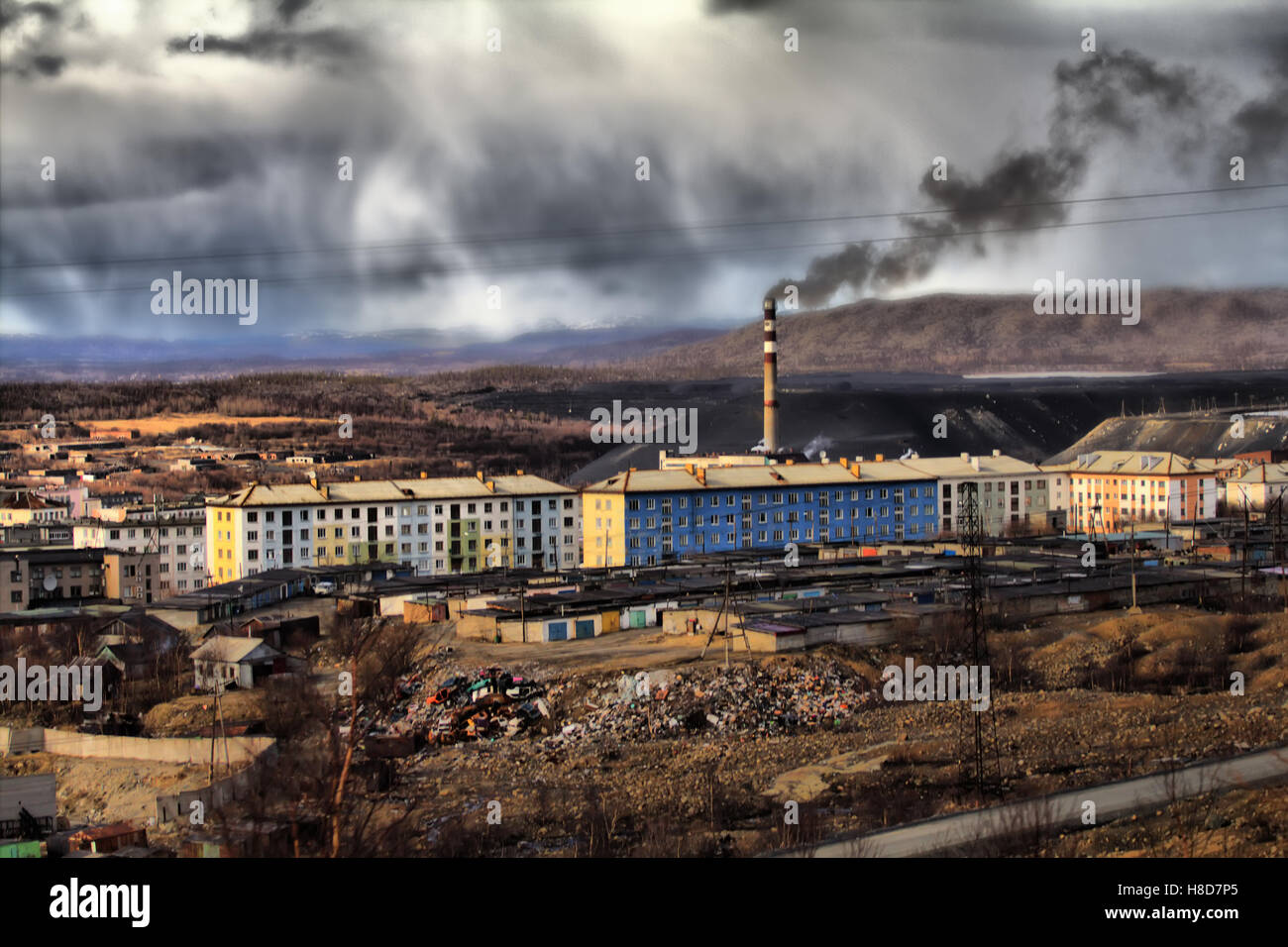 Bad ecology. Uncomfortable cities of polar region. High-rise buildings ...