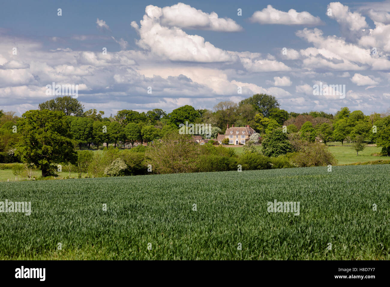 View across farmland to a distant farm house and estate Stock Photo - Alamy
