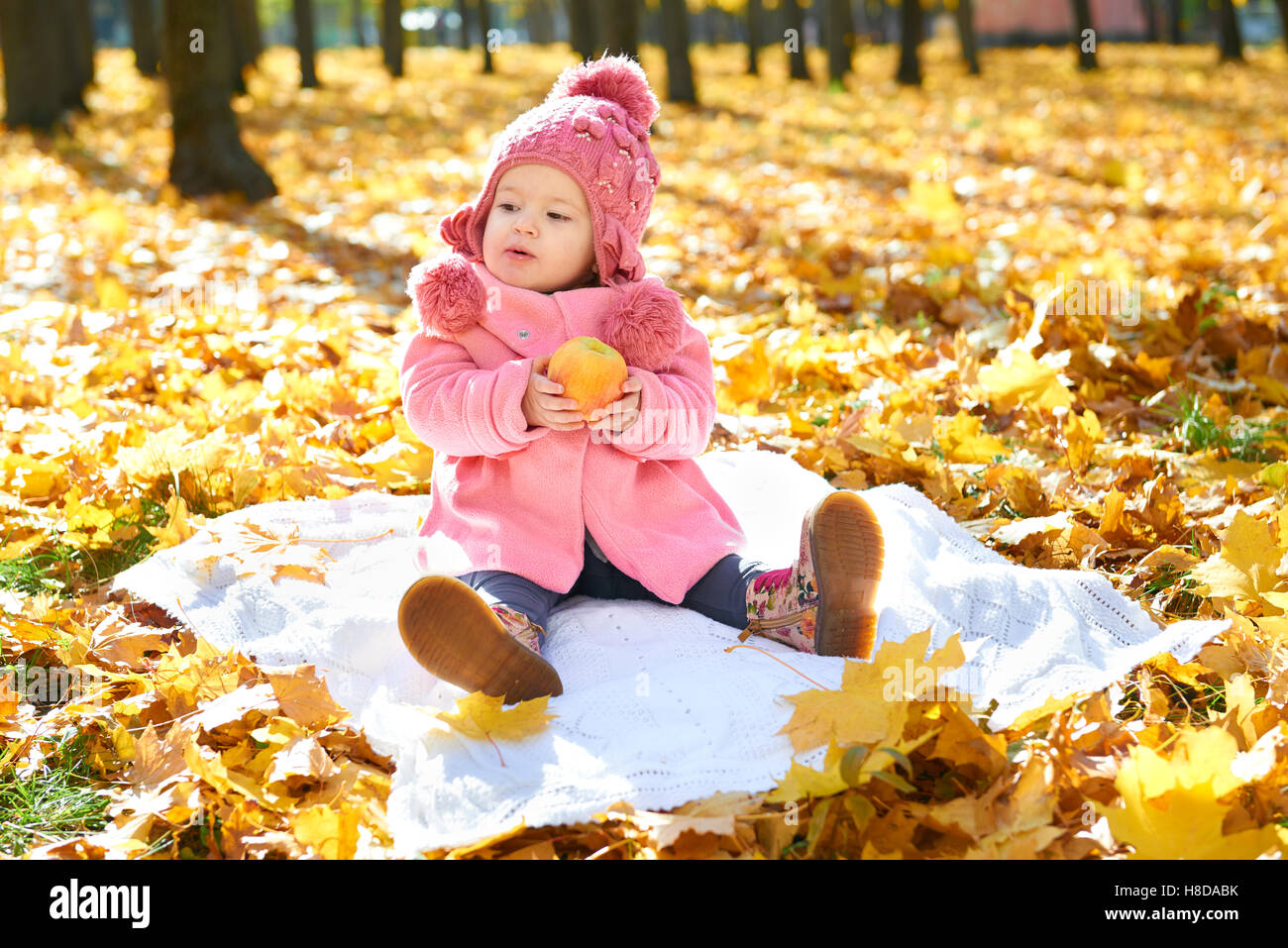 girl child in autumn park with apples basket, beau Stock Photo - Alamy