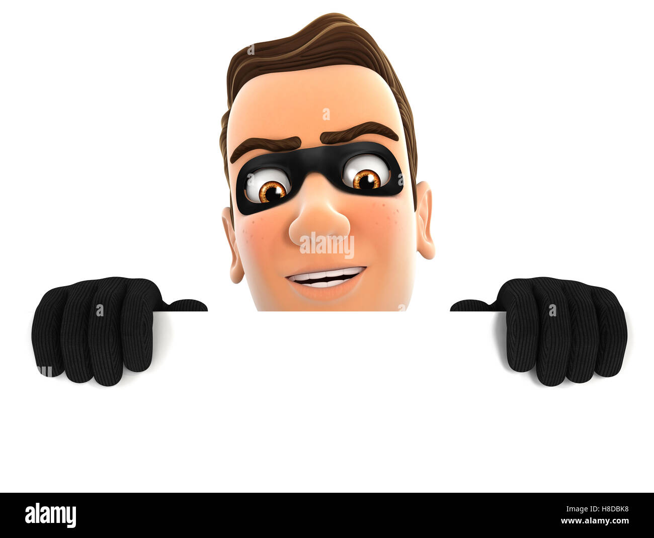 3d thief hiding behind white wall, illustration with isolated white ...