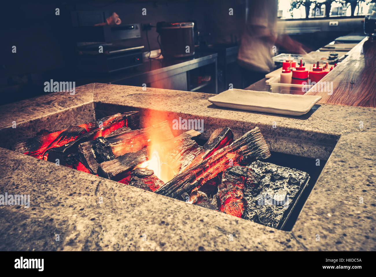 restaurant with fireplace close-up Stock Photo - Alamy
