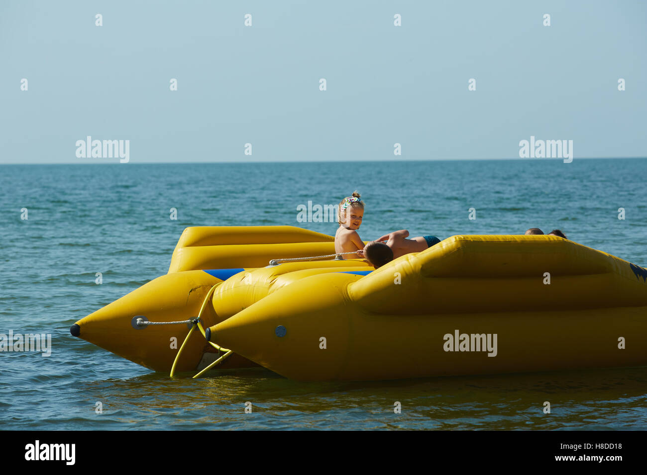 two happy kids playing on the boat at summer day Stock Photo - Alamy