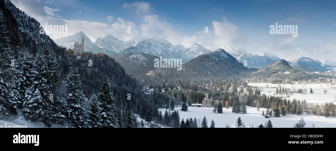 high definition panorama of Neuschwanstein Castle with Alpine foothills ...