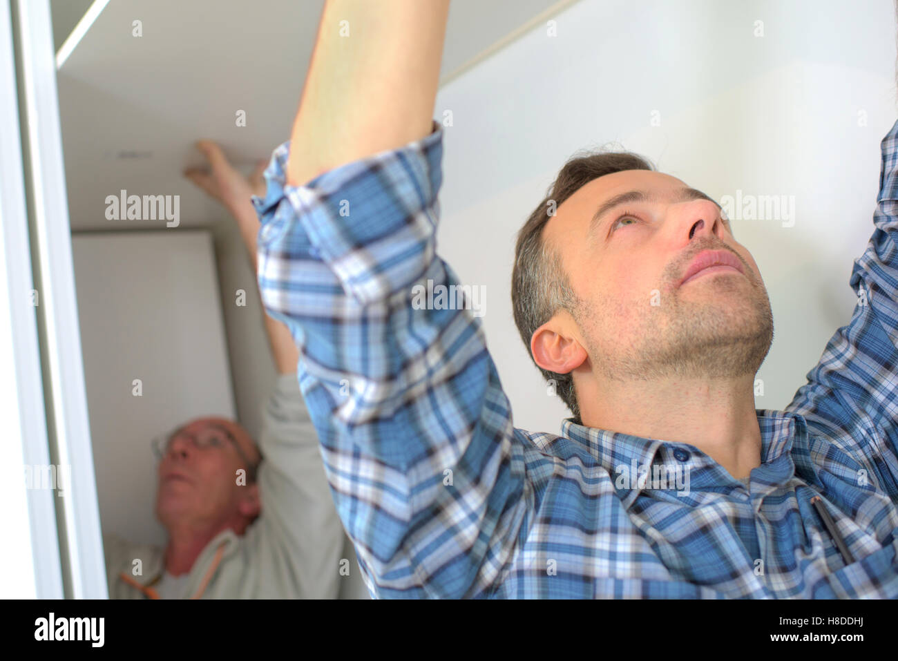 Men fitting plasterboard ceiling Stock Photo - Alamy