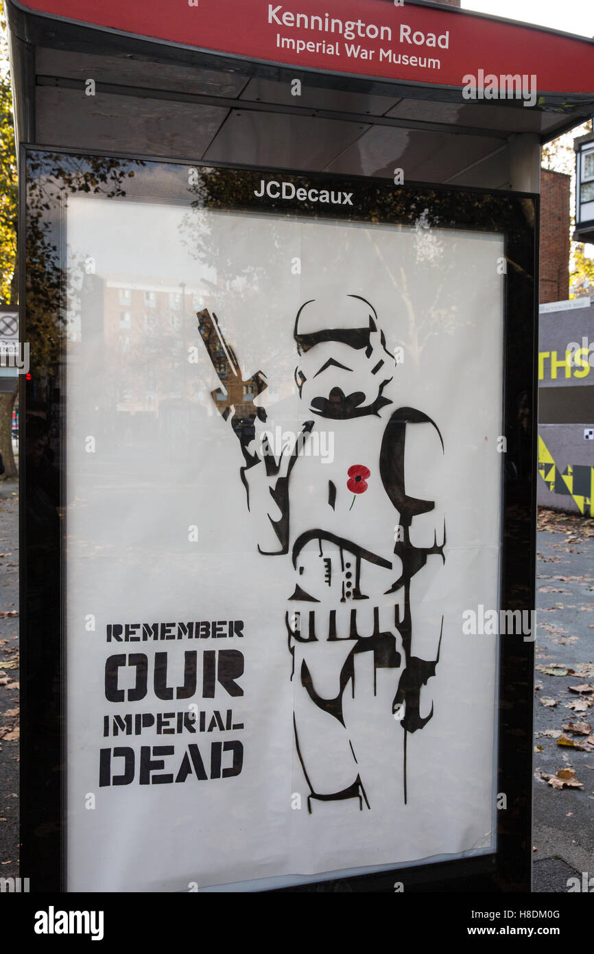 London, UK. 11th November, 2016. A protest stencil of a stormtrooper ...