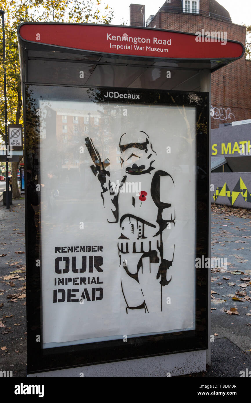 London, UK. 11th November, 2016. A protest stencil of a stormtrooper ...