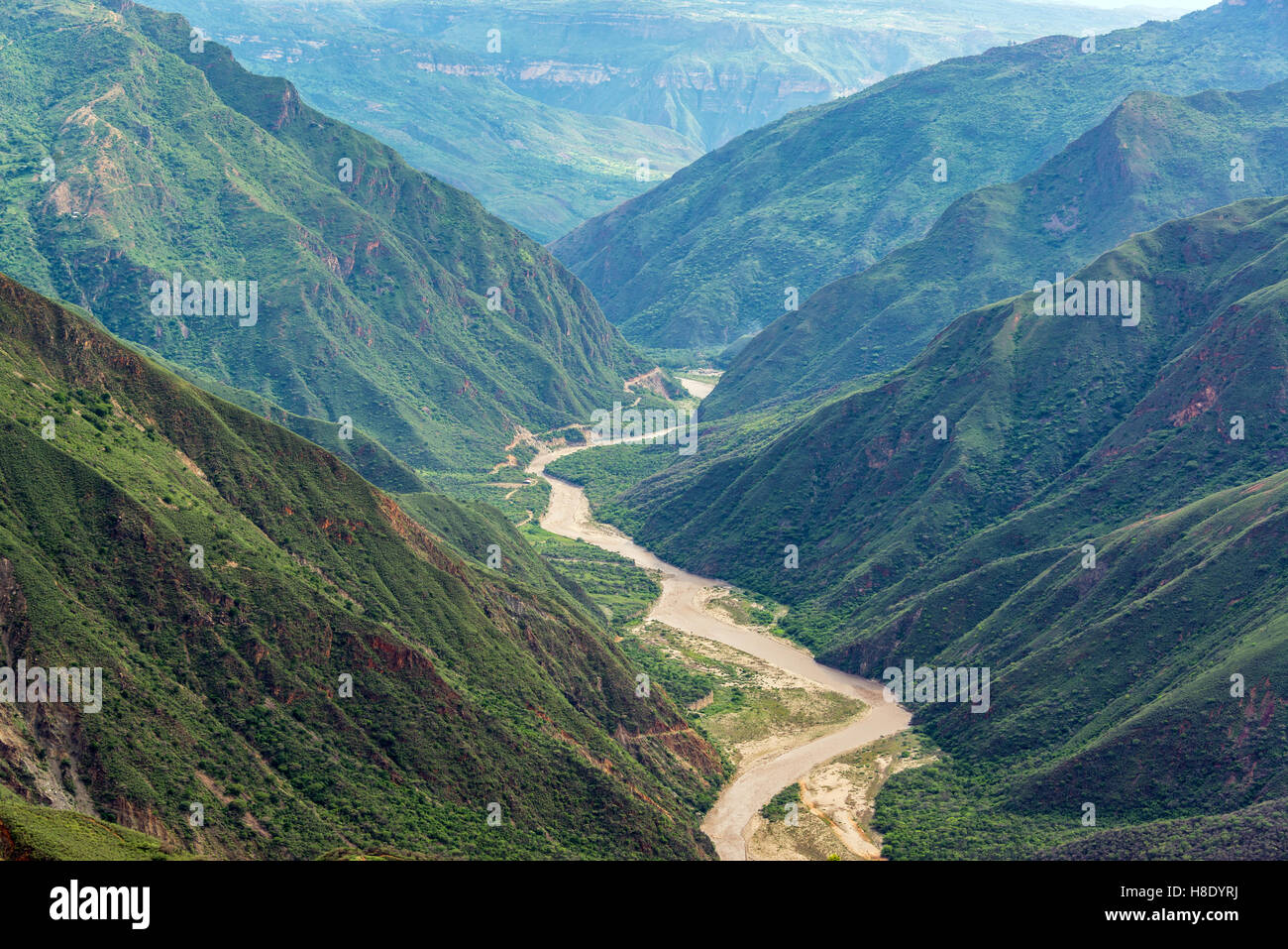 View of Chicamocha River meandering through Chicamocha Canyon near ...