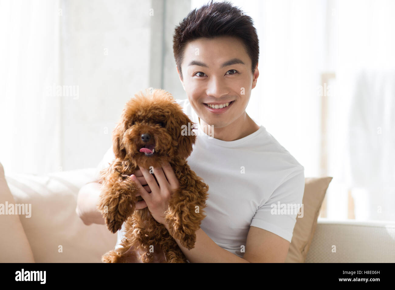Young Chinese man playing with a pet poodle at home Stock Photo - Alamy