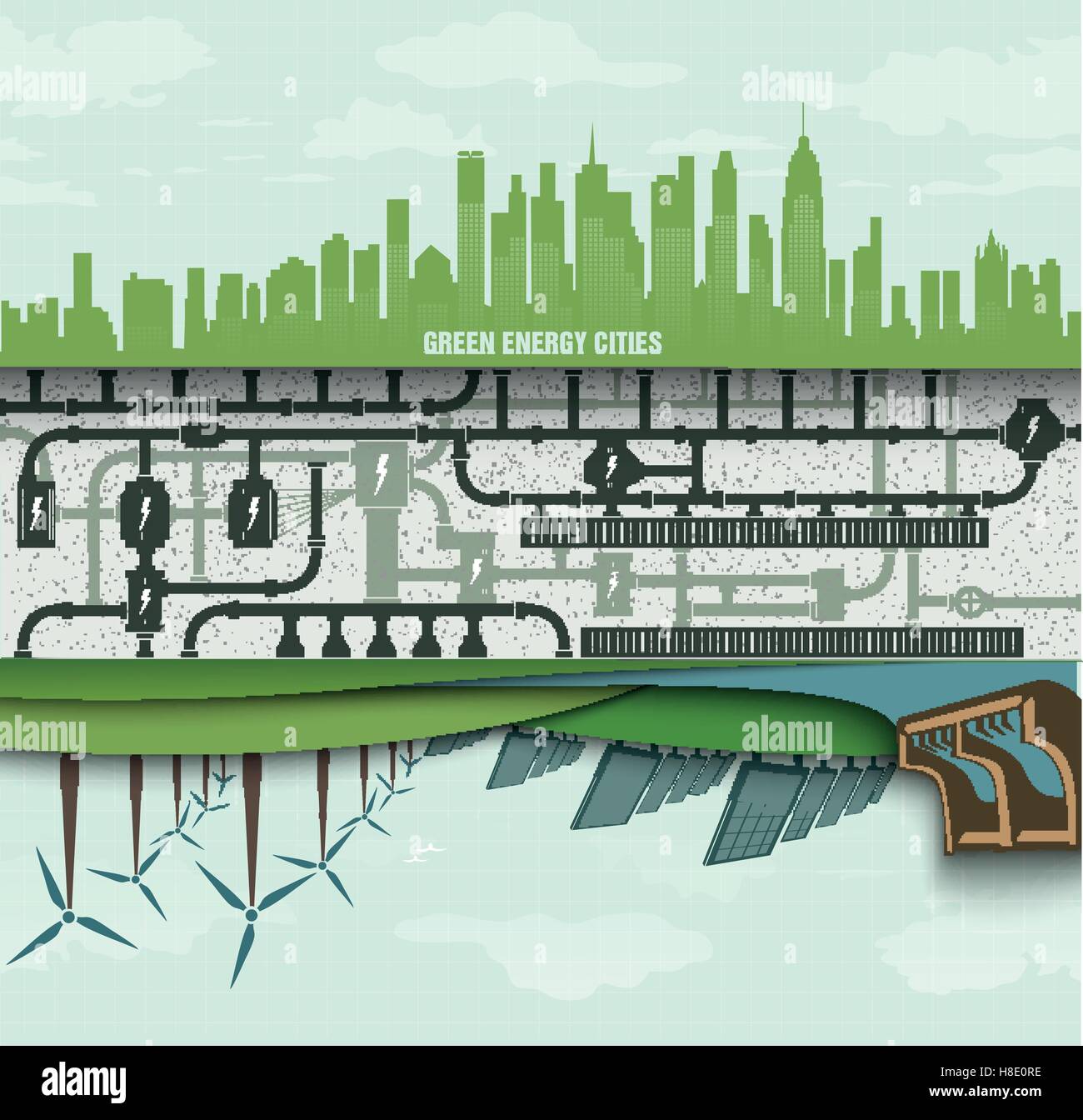 Plan infographics circuit renewable green energy from wind, water, sun ...