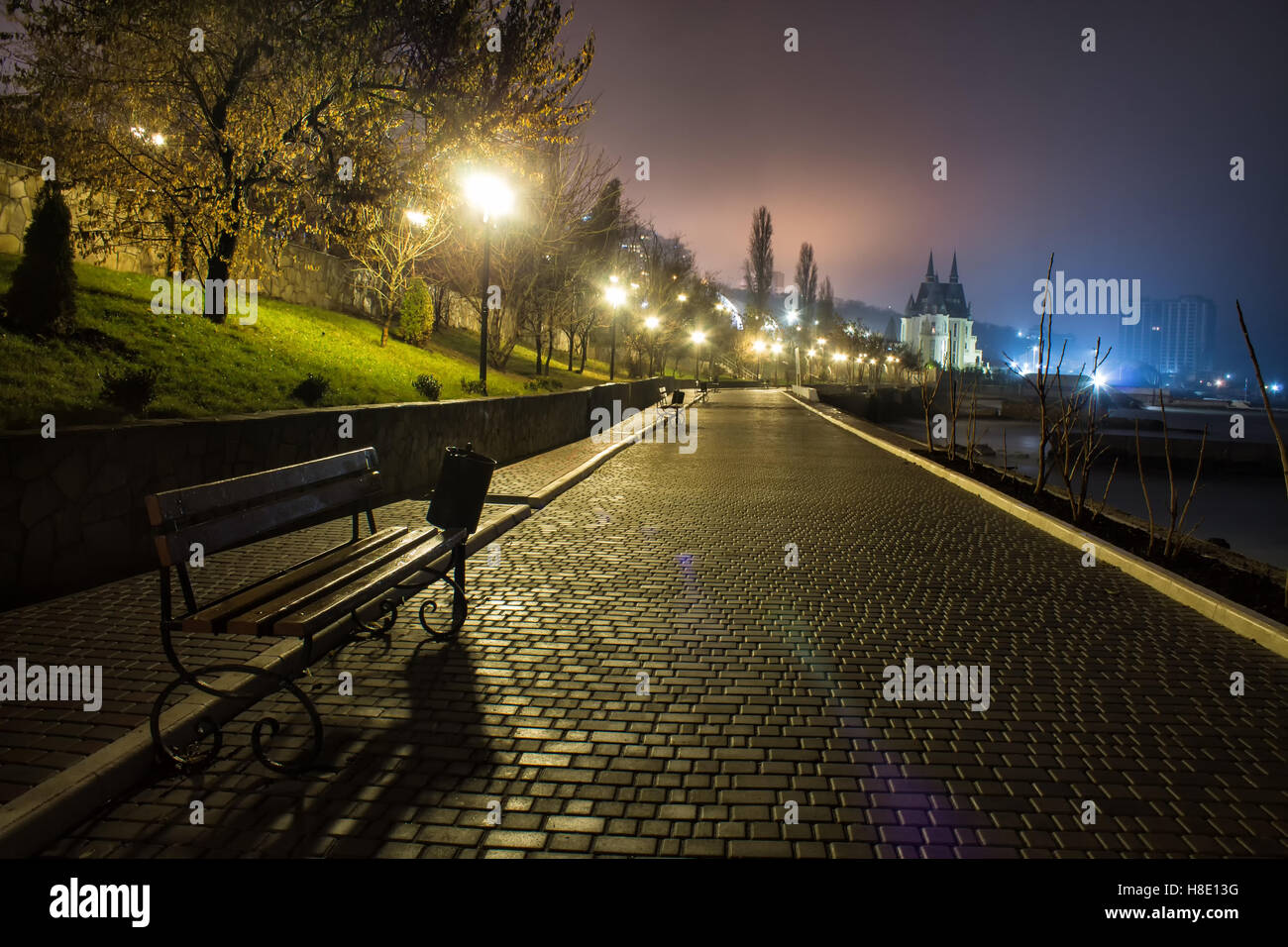 Amazing night park street view with lights after rain with castle on ...