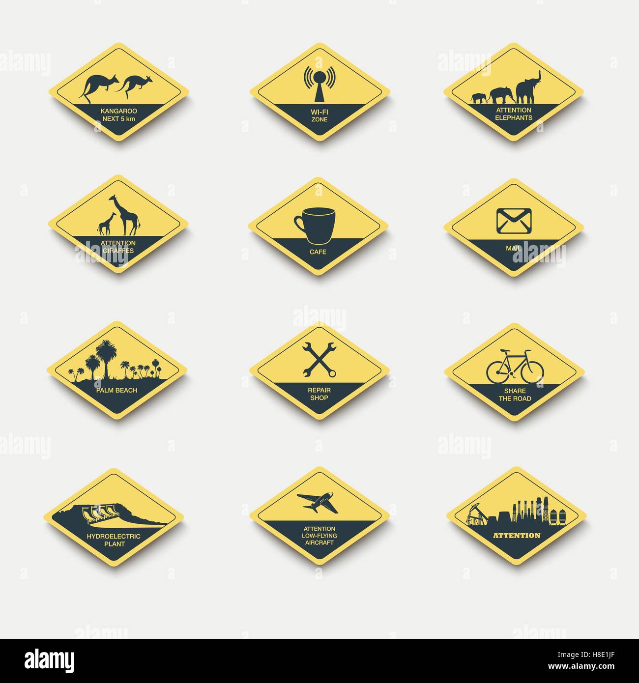 set of signs of attention, caution and danger. road signs yellow ...