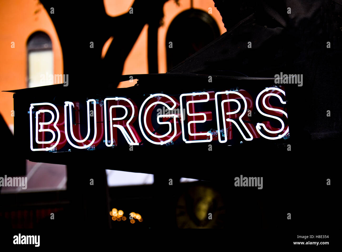 Burgers neon sign on restaurant Stock Photo - Alamy
