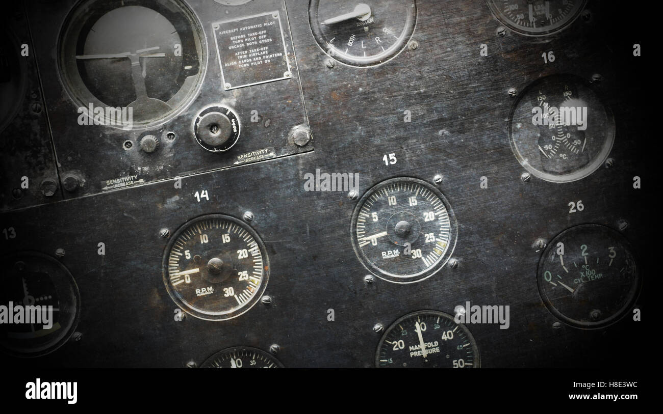 Different meters and displays in the console of an old plane Stock ...