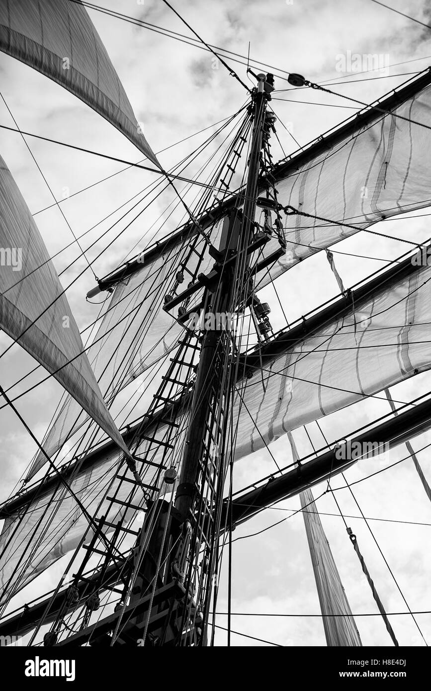 Vintage picture of beautiful sail boat details. Rope, hull, rigging ...