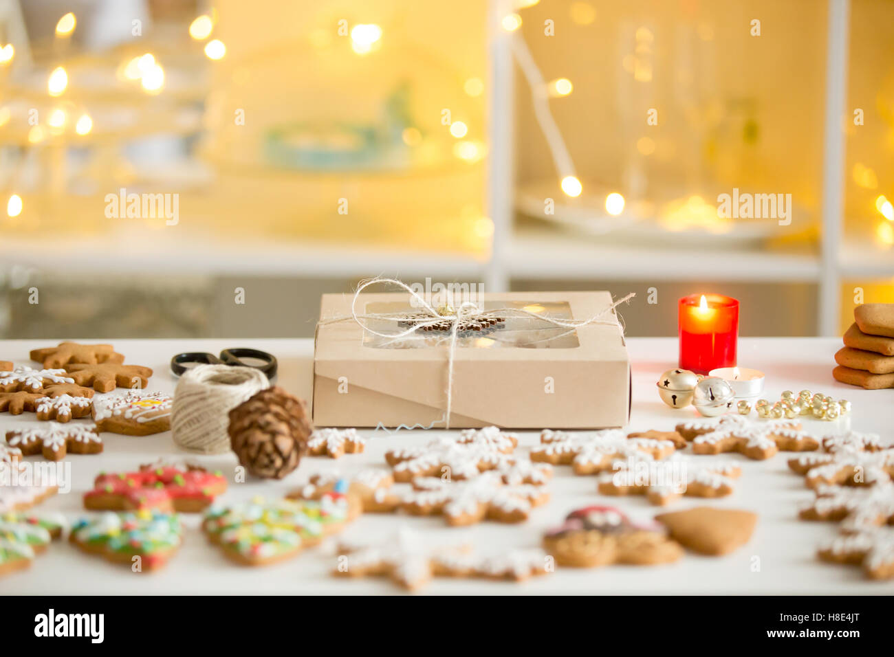 Box of cookies, gingerbread cookies of different shapes, white d Stock ...