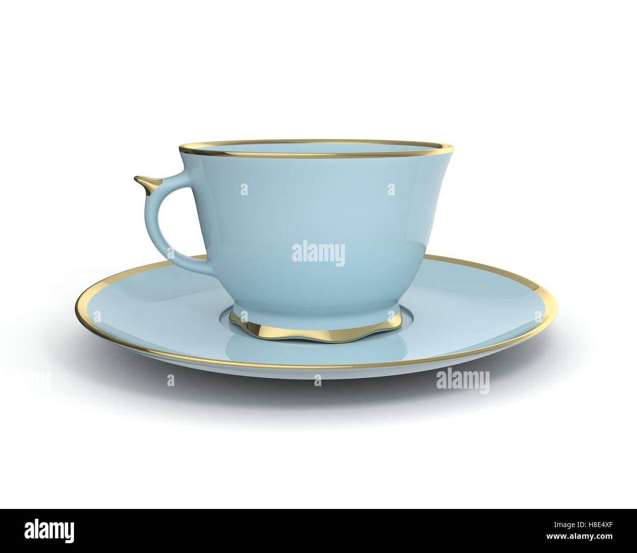 Isolated antique porcelain light blue tea cup on saucer with gold ...
