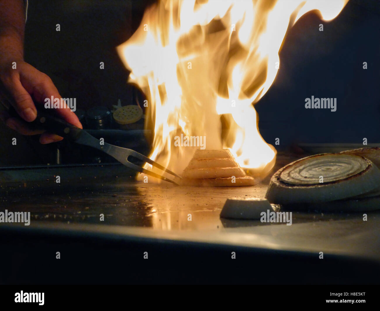 Chef Cooking Dinner On Open Grill In Restaurant, Philadelphia USA Stock ...