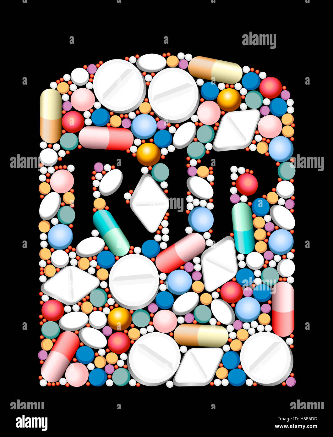 RIP - tombstone built of pills and capsules as a symbol for overdose ...