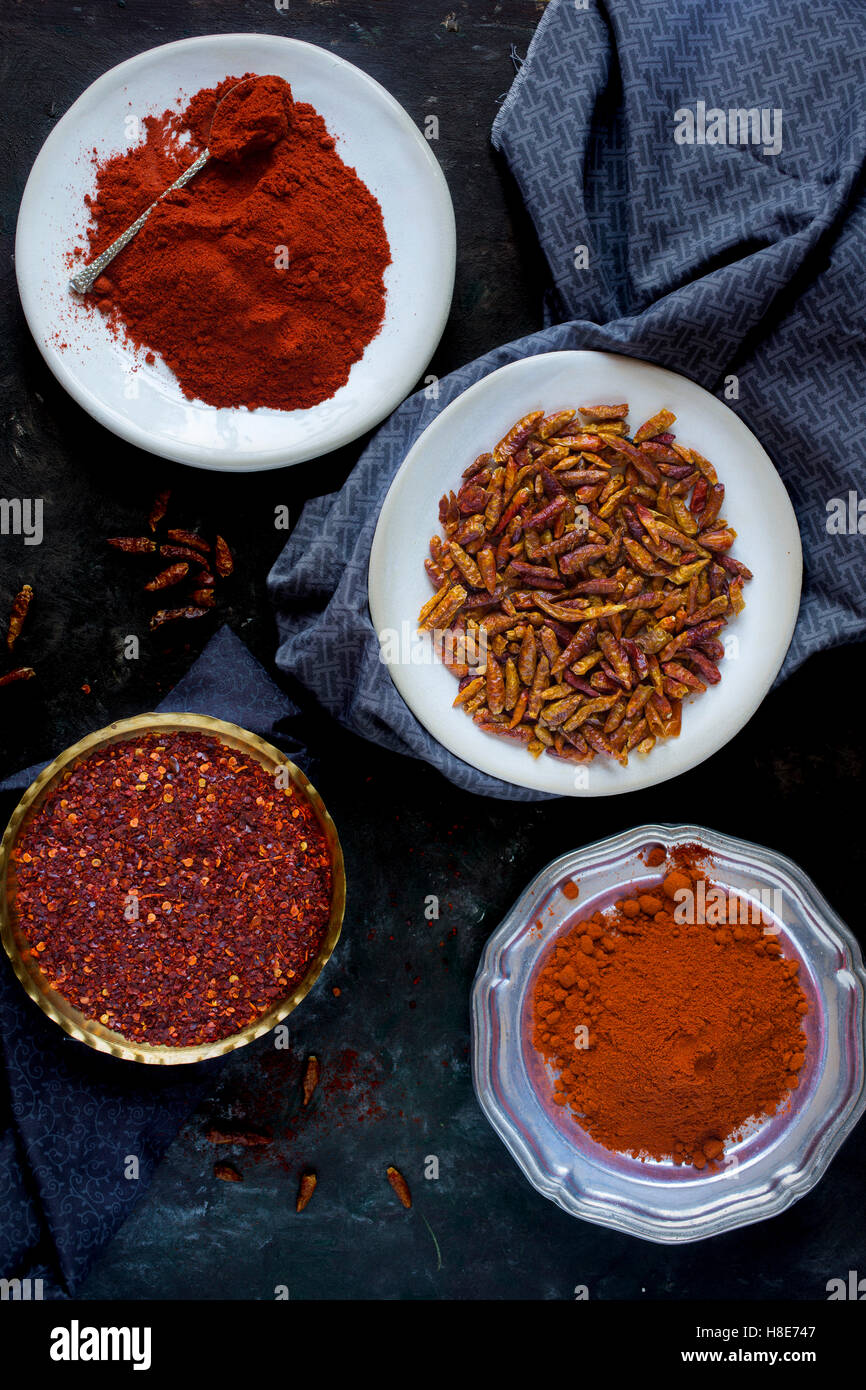 Chilli spices in bowls Stock Photo - Alamy
