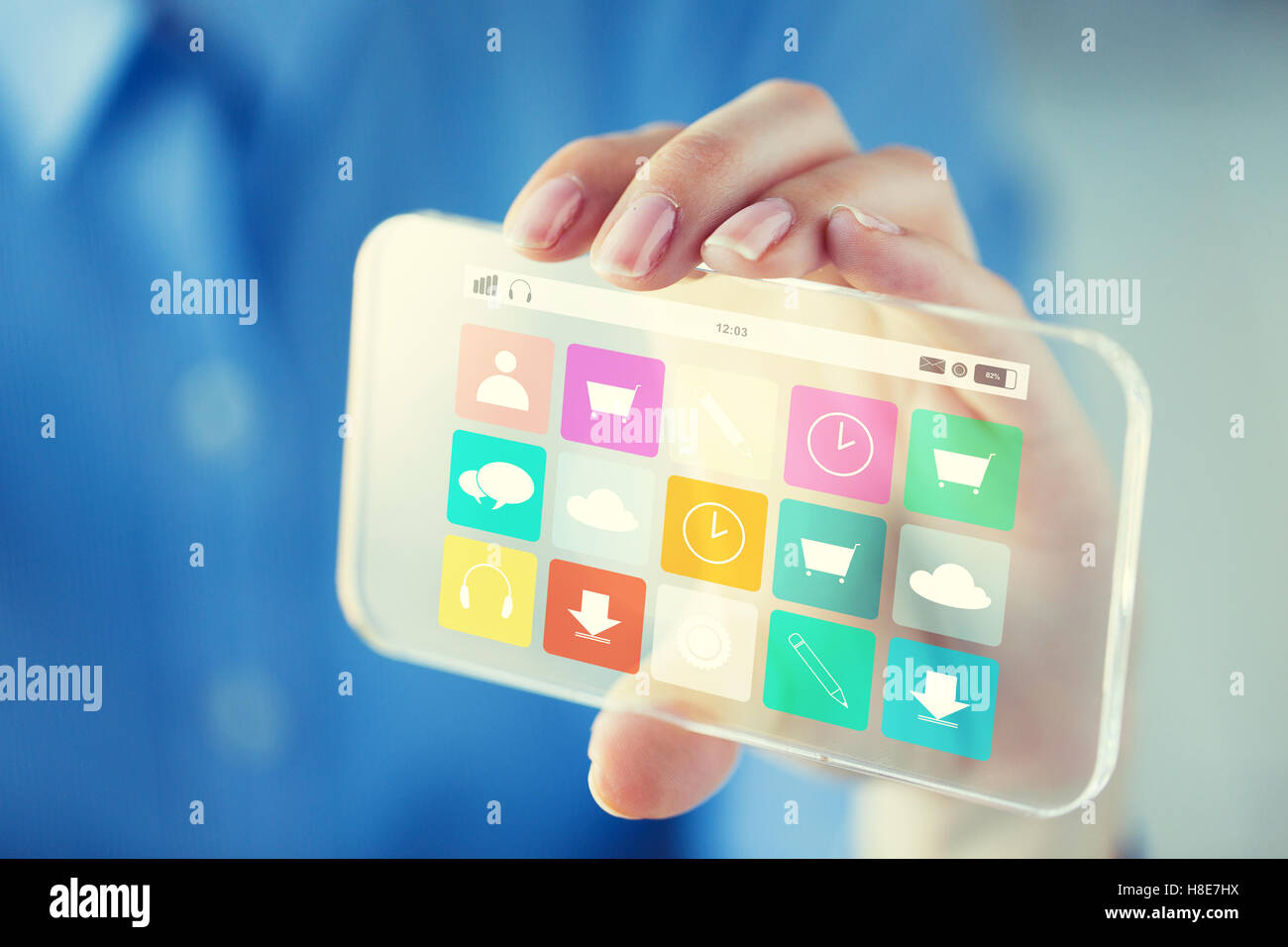 close up of woman with transparent smartphone menu Stock Photo - Alamy