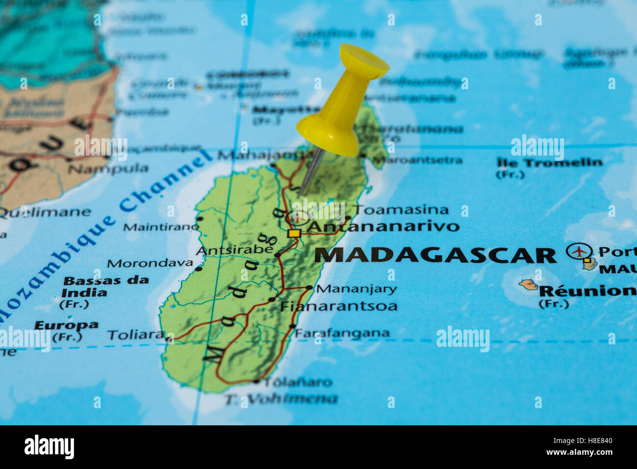 Map of Madagascar with a yellow pushpin stuck Stock Photo - Alamy